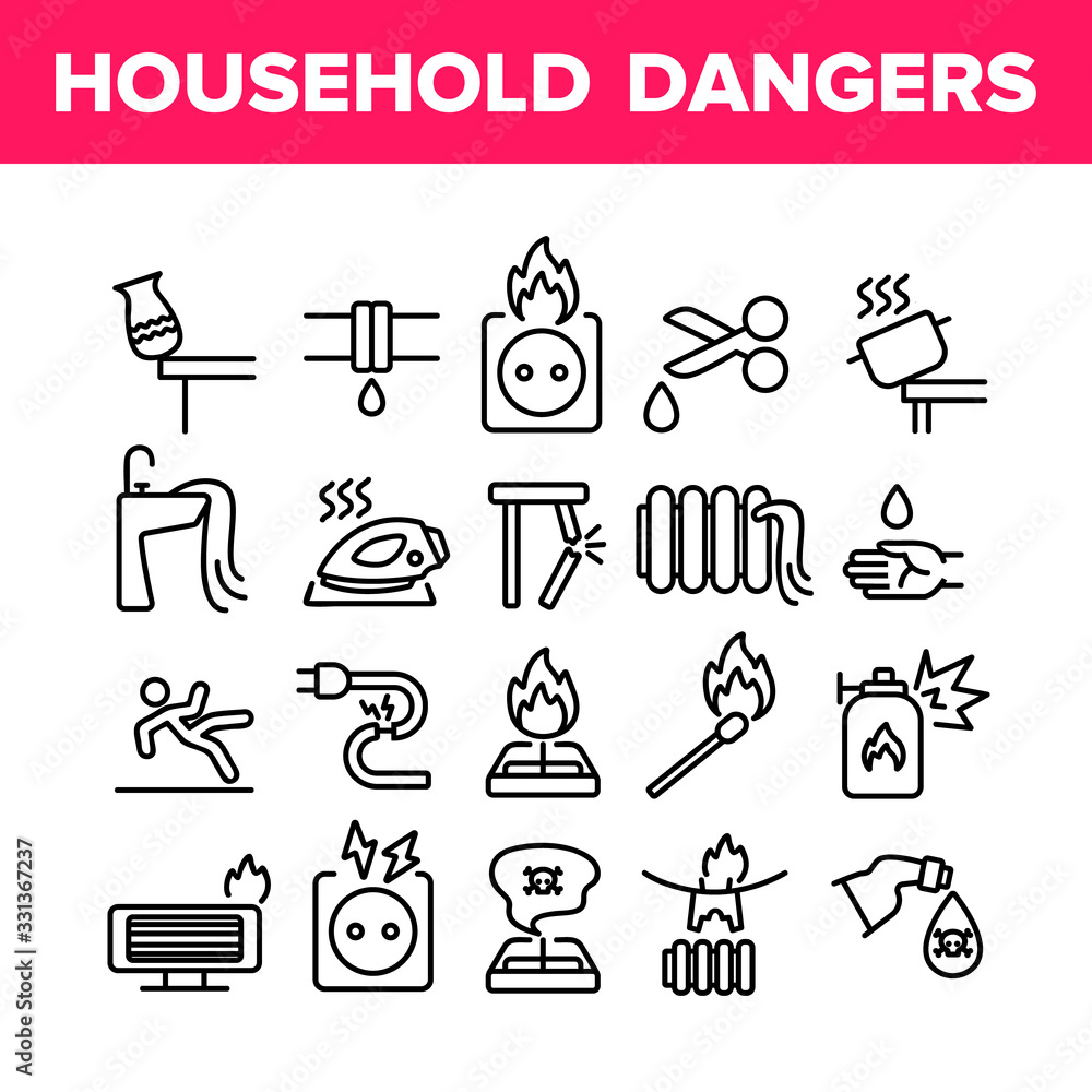 Household Dangers Collection Icons Set Vector. Short Circuit And Fire ...