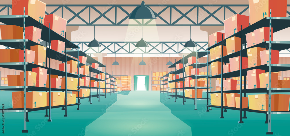 Warehouse interior with cardboard boxes on metal racks. Vector cartoon ...
