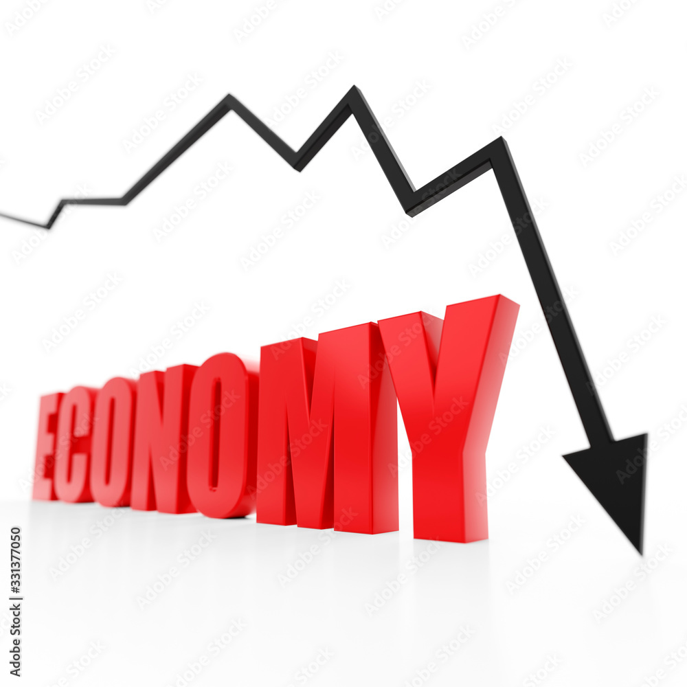 Economy, flash crash black arrow economy crash 3D render with focus ...