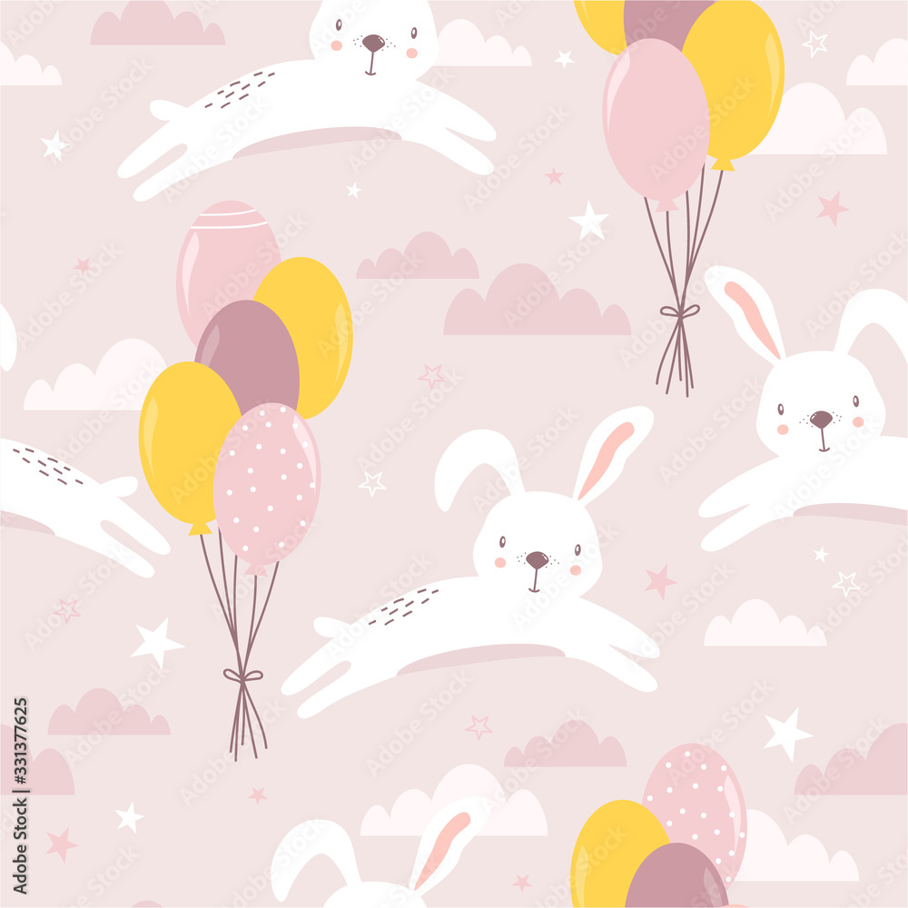 Bunnies, air ballons, hand drawn backdrop. Colorful seamless pattern ...