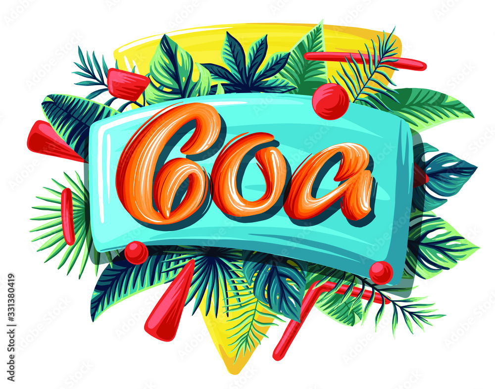 Vetor de Goa Advertising emblem with type design and tropical flowers ...