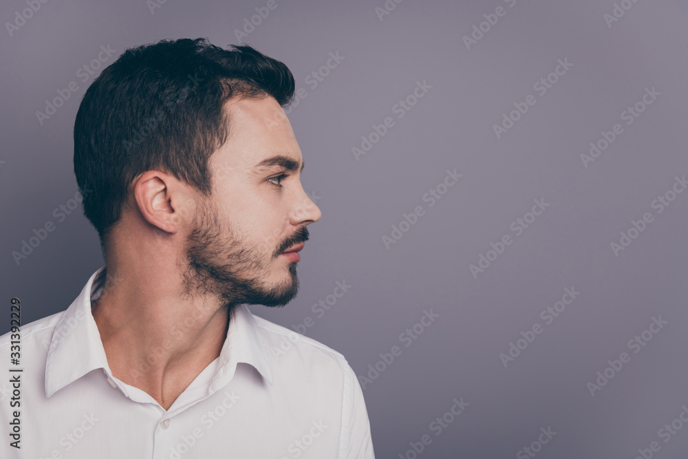 Closeup profile photo of young handsome serious business man look side ...