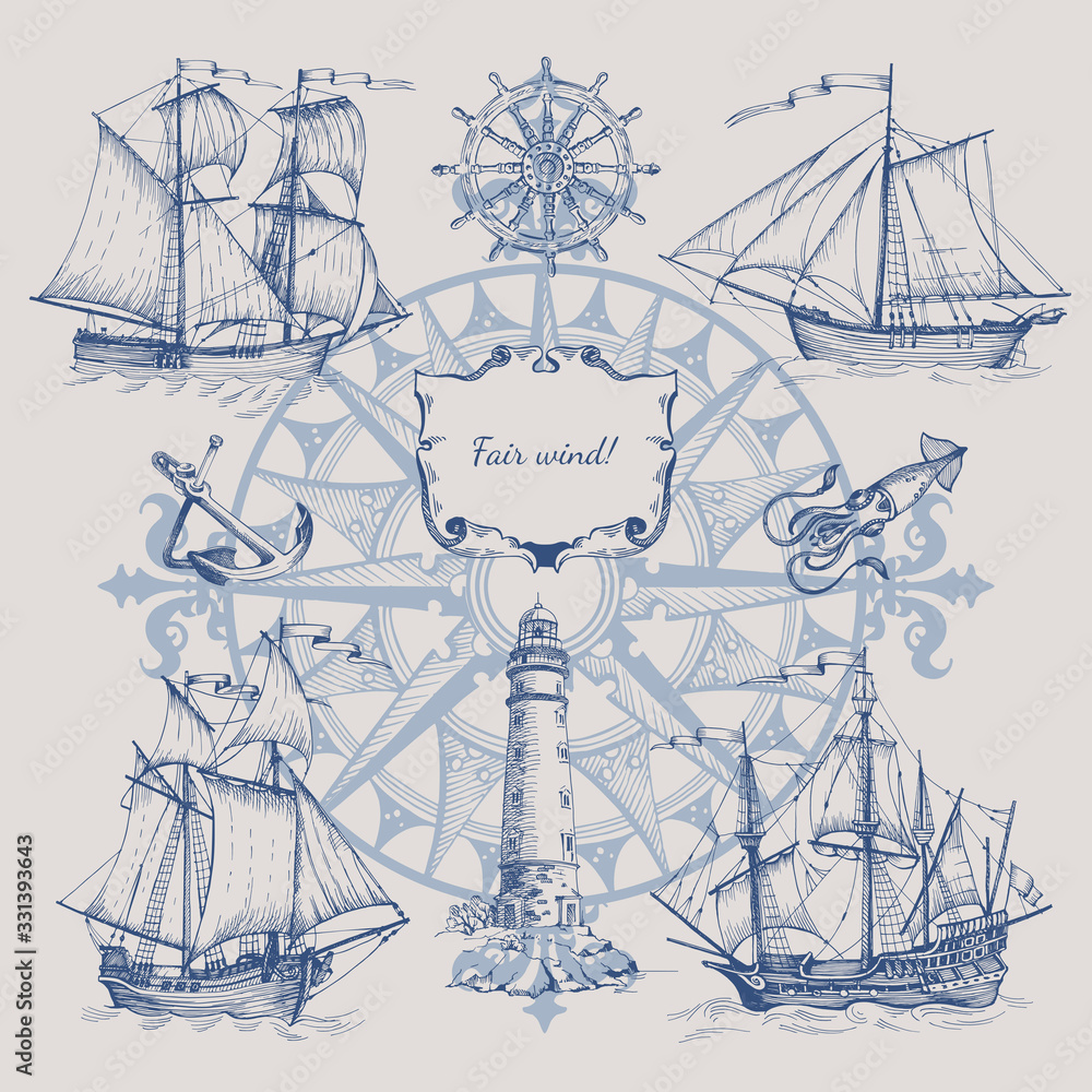 Set of decorative elements for the design of an old geographical map ...