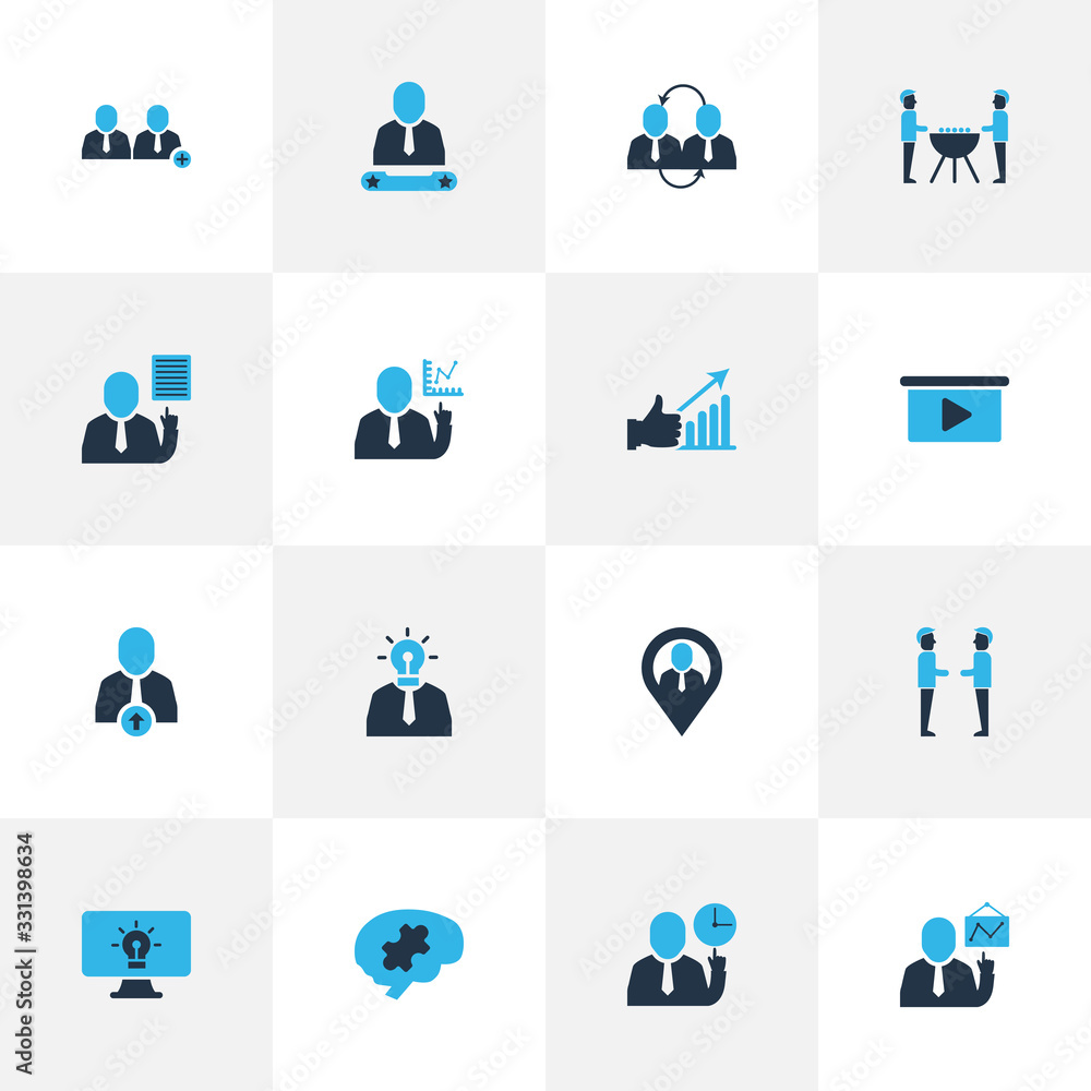 Teamwork icons colored set with workflow, team entertainment, upward ...