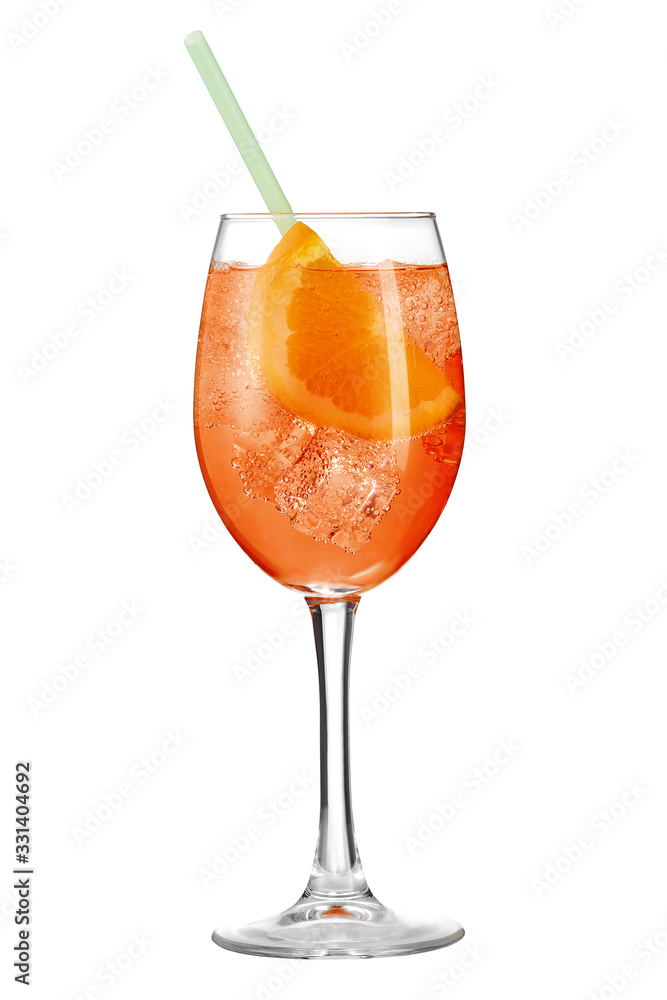 Aperol Spritz cocktail with a slice of orange, ice cubes and a green ...