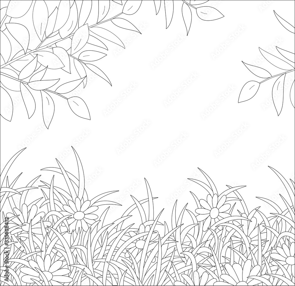 Natural spring background with tree branches over beautiful wildflowers ...