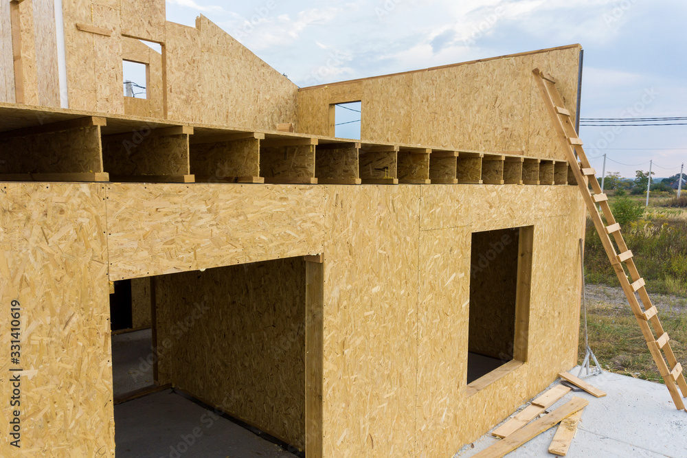 Construction of new and modern modular house. Walls made from composite ...