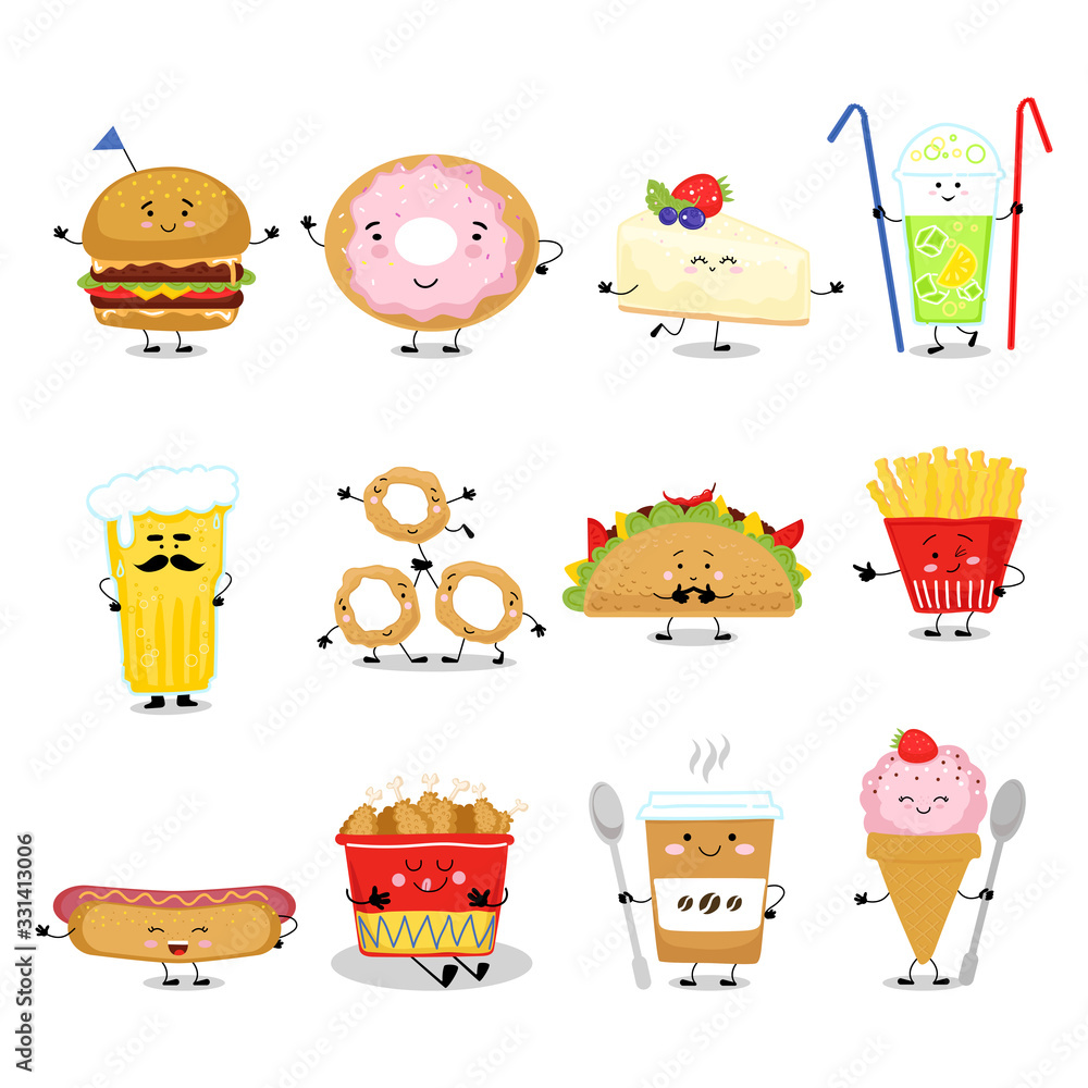 Cute food with yummy fast food, sweet dessert, bakery and donut with ...