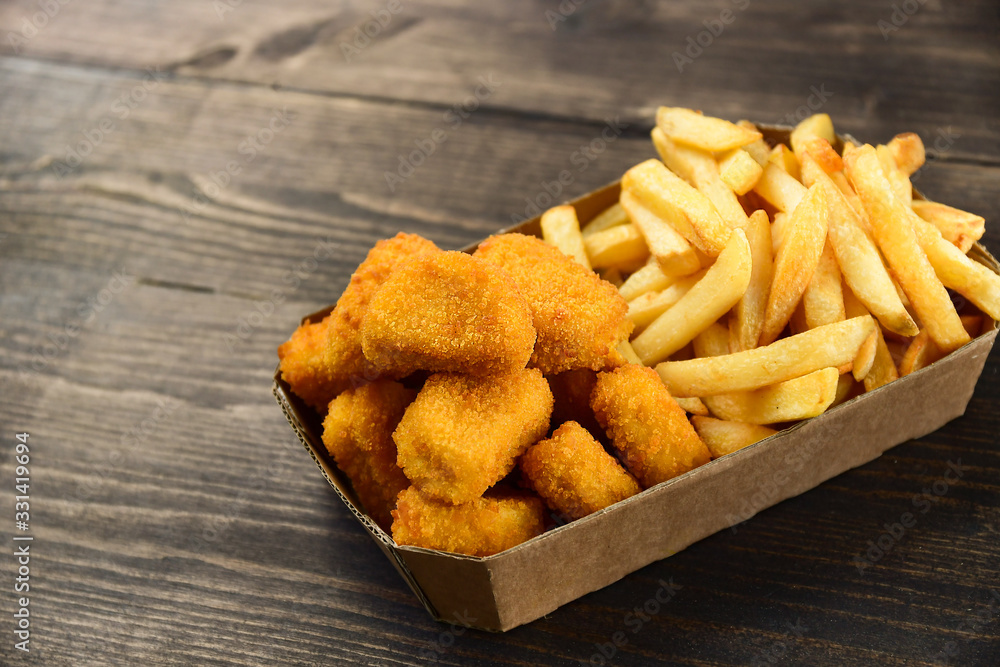Food Delivery Service Hot Chicken Nuggets And Fries Take Out Food In