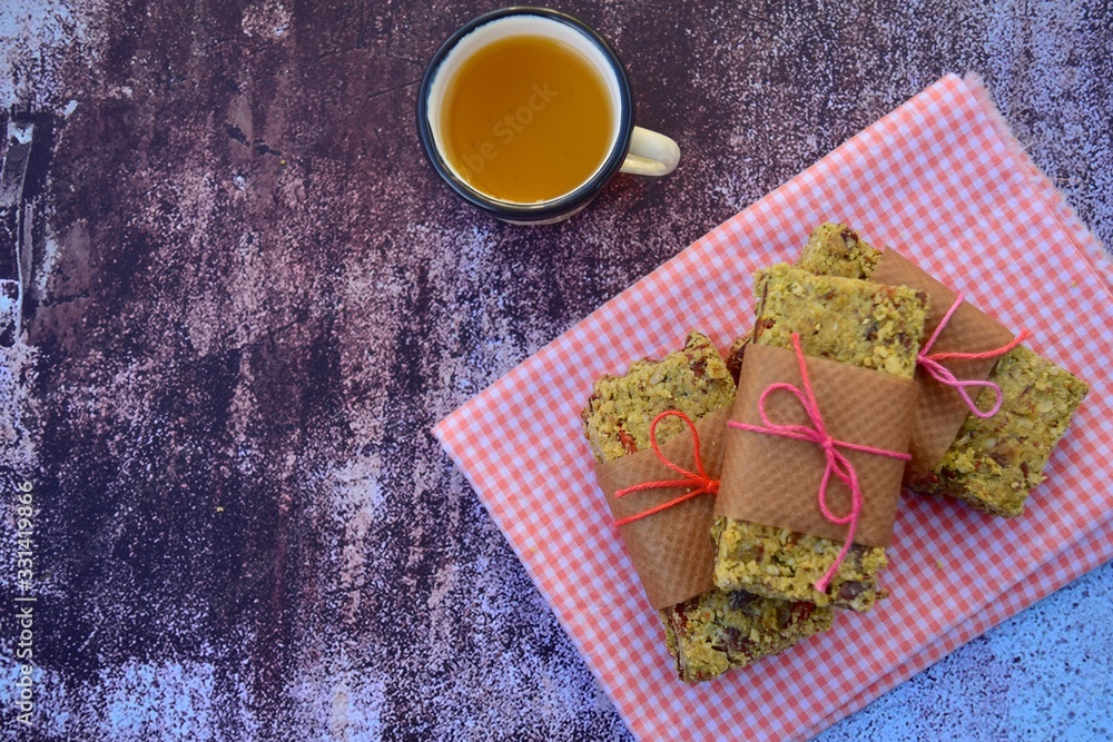 Matcha green tea breakfast bars made from oat, matcha powder, maple ...