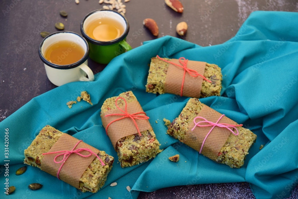 Matcha green tea breakfast bars made from oat, matcha powder, maple ...