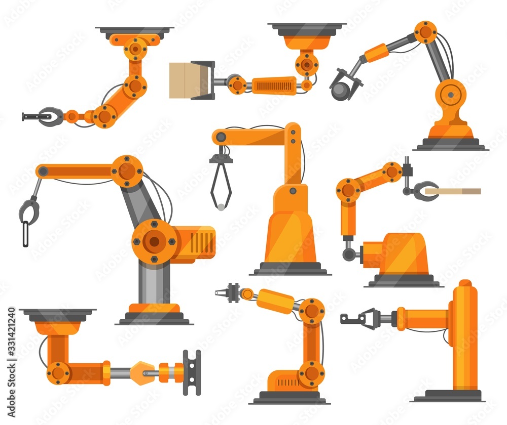 Industrial robots manipulators collection vector robotic illustration ...