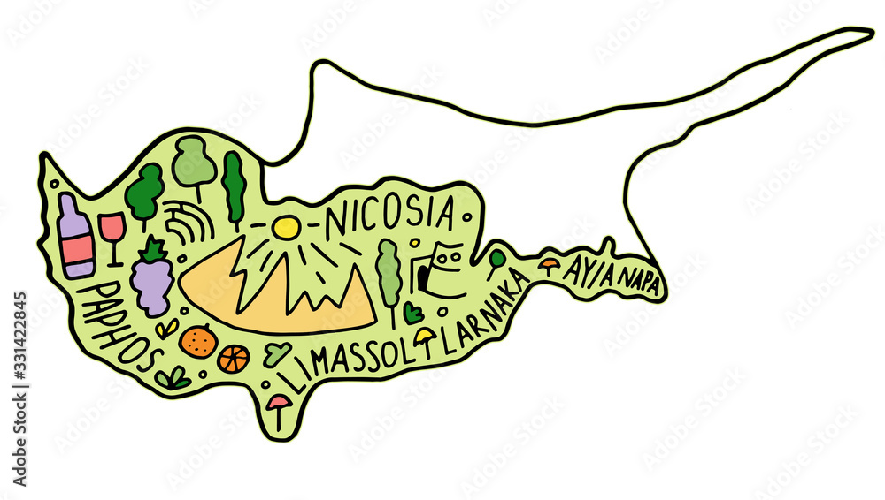 Colored Hand drawn doodle Cyprus map. city names lettering and cartoon ...