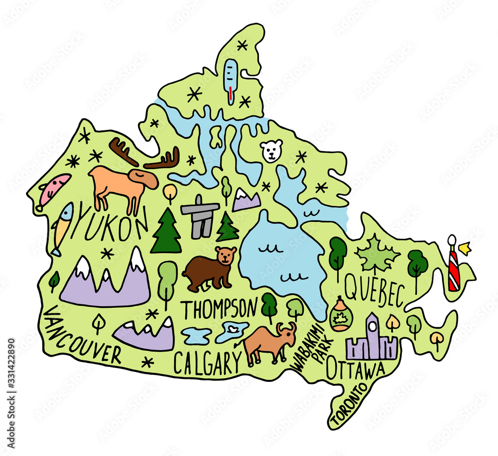 Hand drawn doodle Canada map. city names lettering and cartoon Stock ...