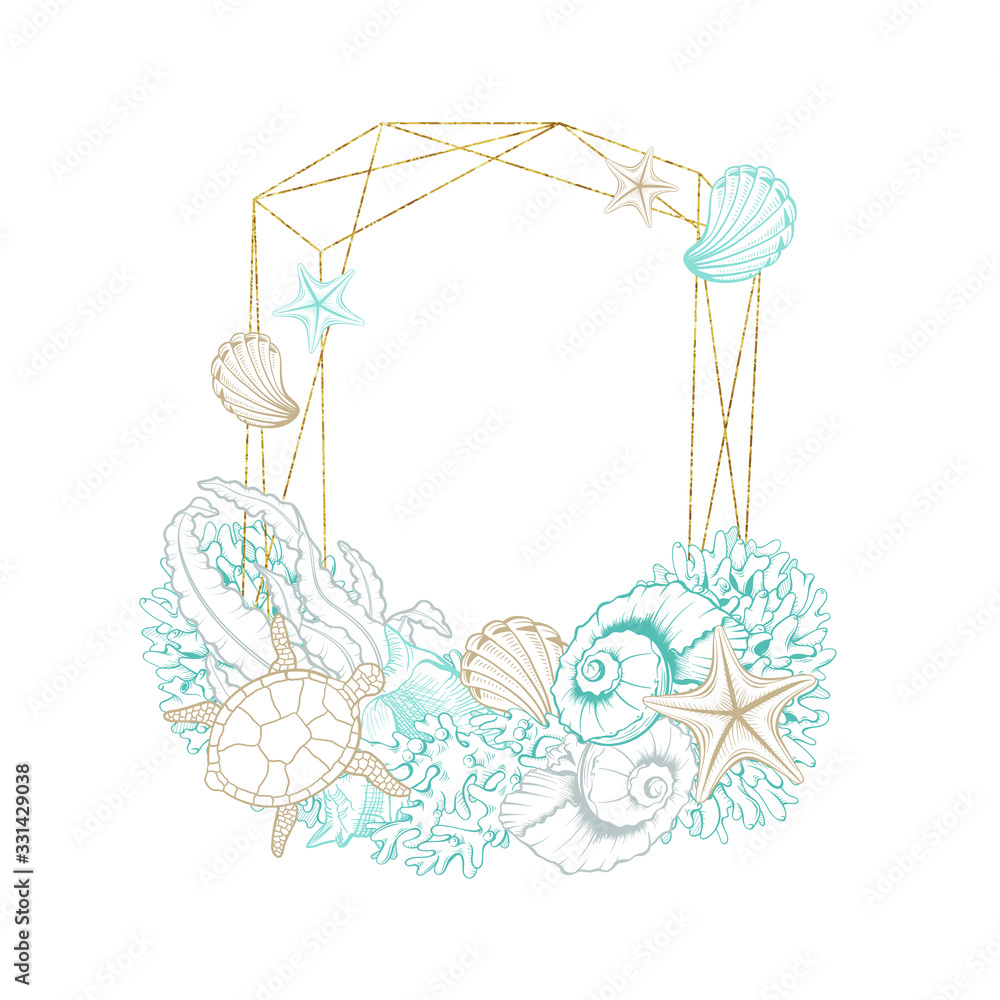 Seashell and marine algae package label, vector modern premium golden ...