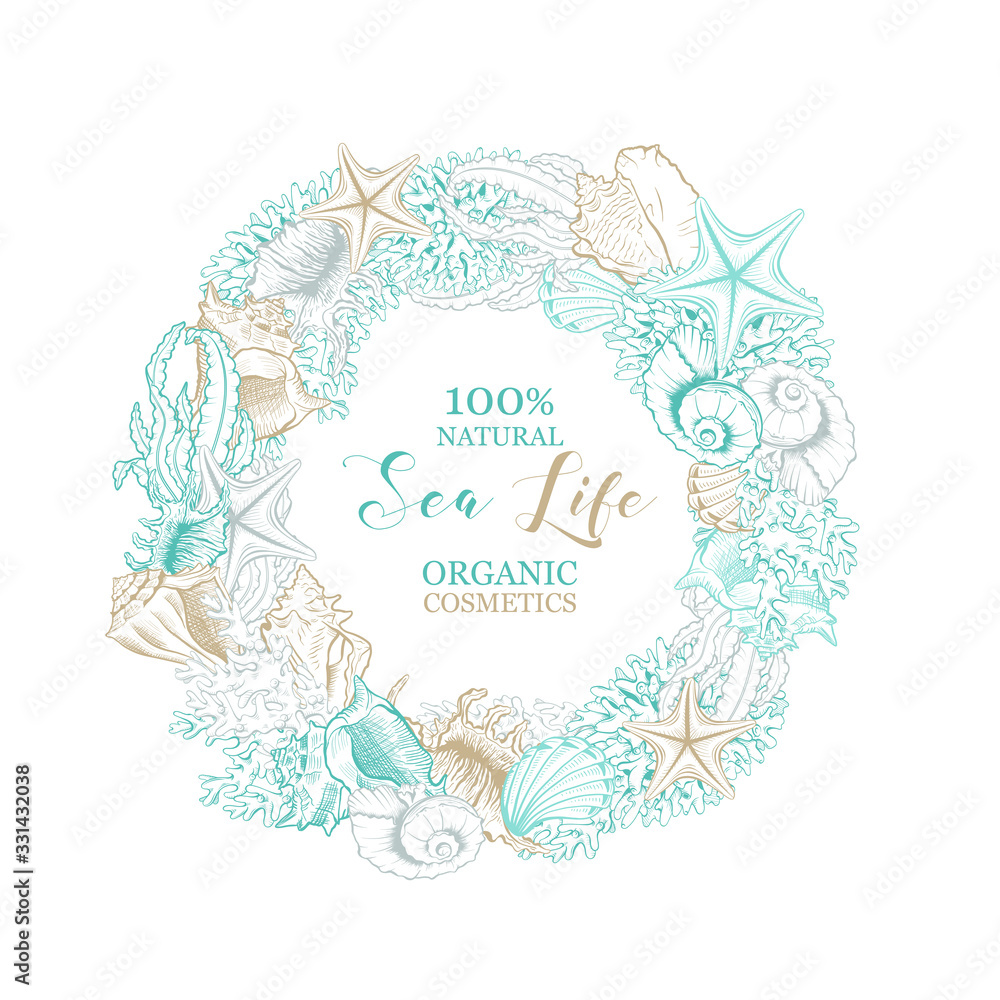 Seashells isolated vector round wreath. Marine algae and corals golden ...