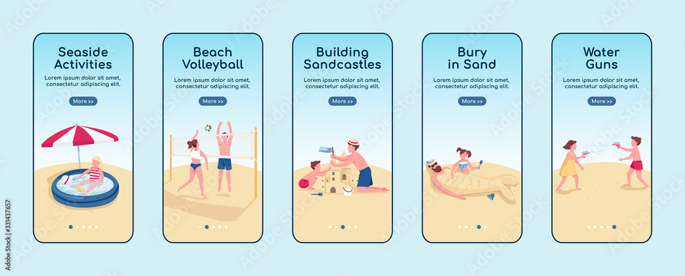 Beach games onboarding mobile app screen flat vector template. Building ...