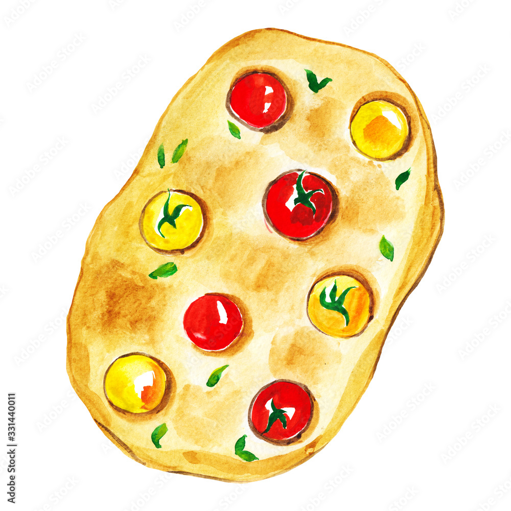 Watercolor focaccia with cherry tomato and basil isolated on white ...