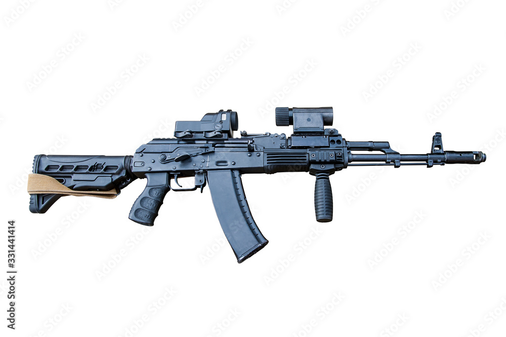 assault rifle with collimator and optical sights isolated on a white ...