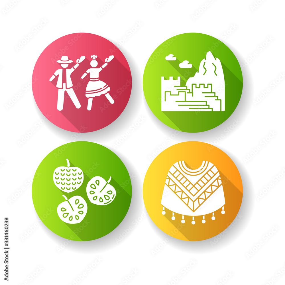Peru flat design long shadow glyph icons set. Spanish and Native ...