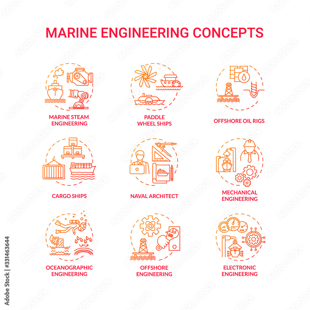 Marine engineering red concept icons set. Paddle wheel ship. Offshore ...