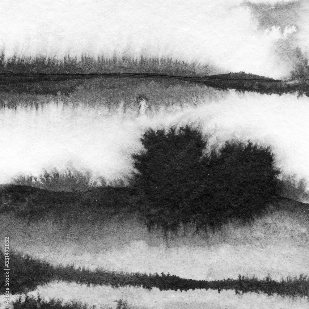 Abstract landscape ink hand drawn illustration. Black and white ink ...