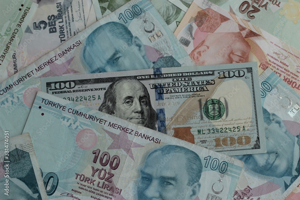 One hundred dollar bill in Turkish banknotes,money background Stock ...