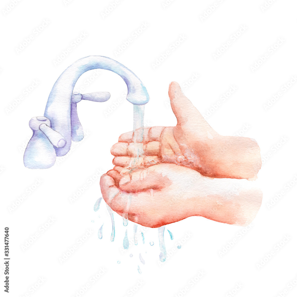 watercolor drawing - hand washing, faucet, water, hands Stock ...
