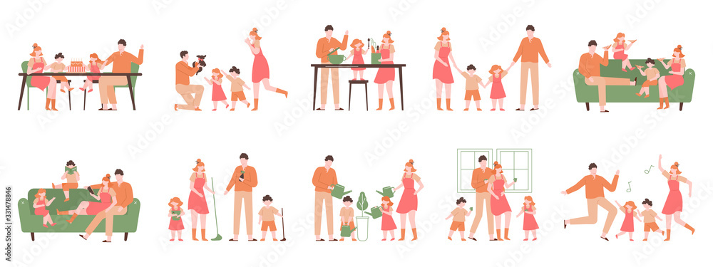Parents and children at home. Family indoor activity, happy dad, mom ...