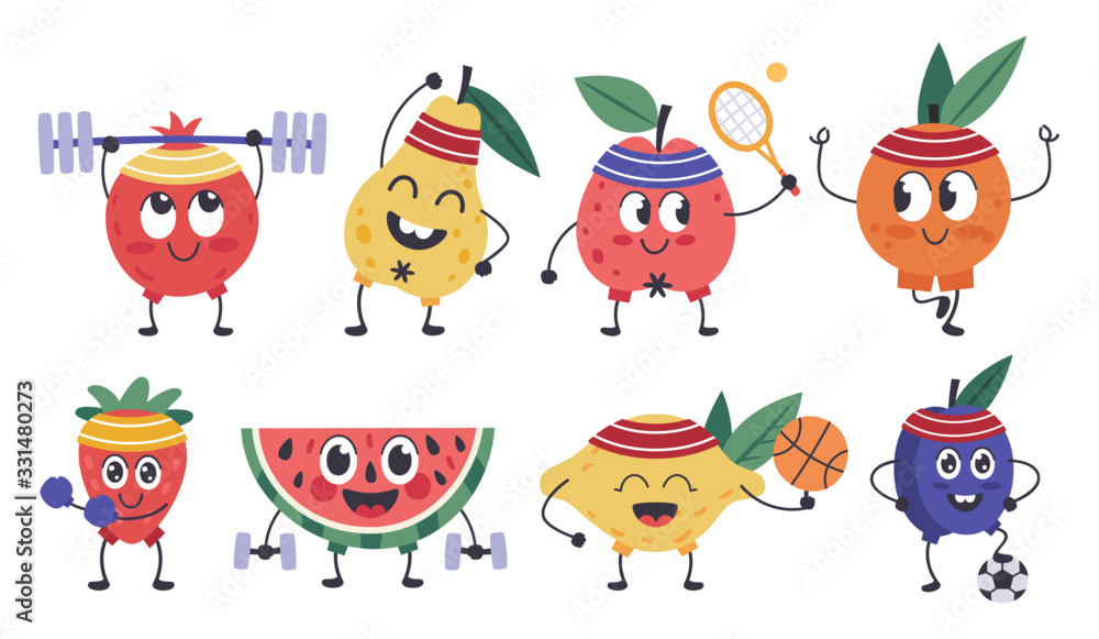 Fruit fitness characters. Doodle fruit mascots do sports, funny apple ...