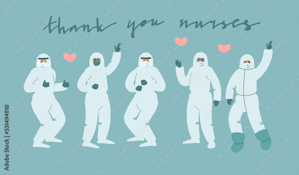 Group of medical professionals in protection suits doing various funny ...