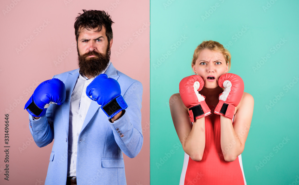 Conflict concept. Man and woman boxing fight. Family life. Complicated ...