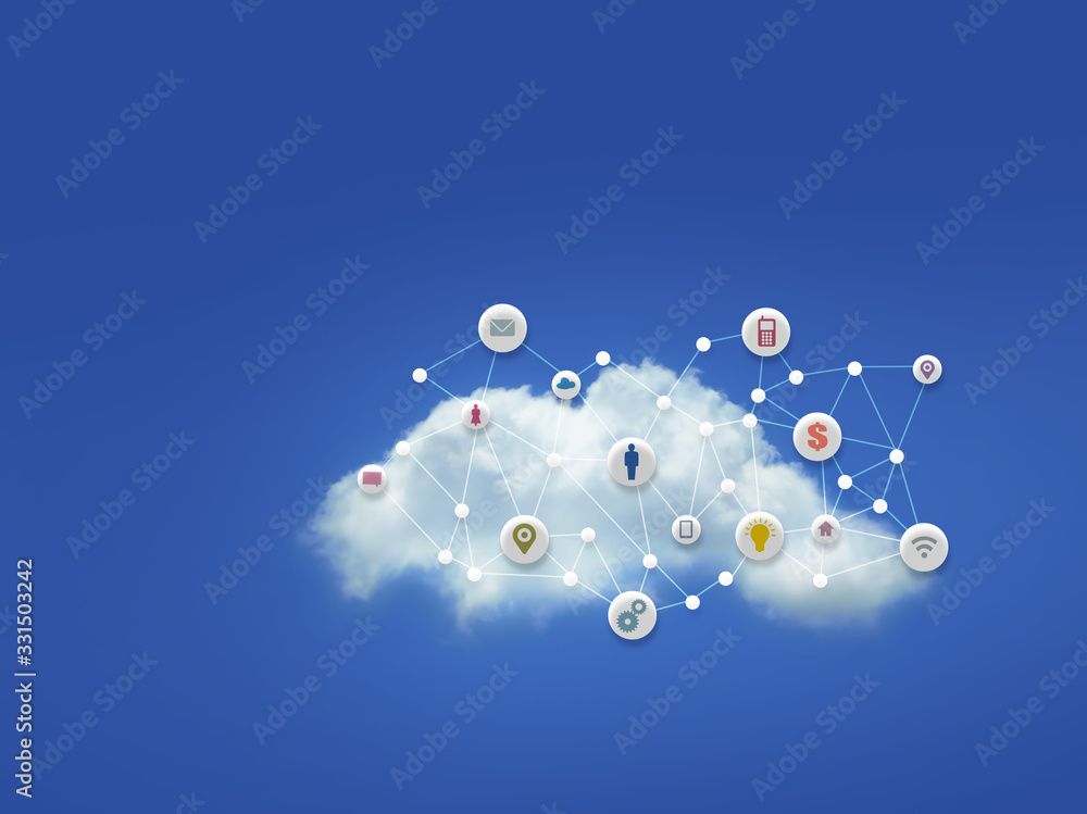 White Cloud with many computer symbol icons and White Dots with Lines ...