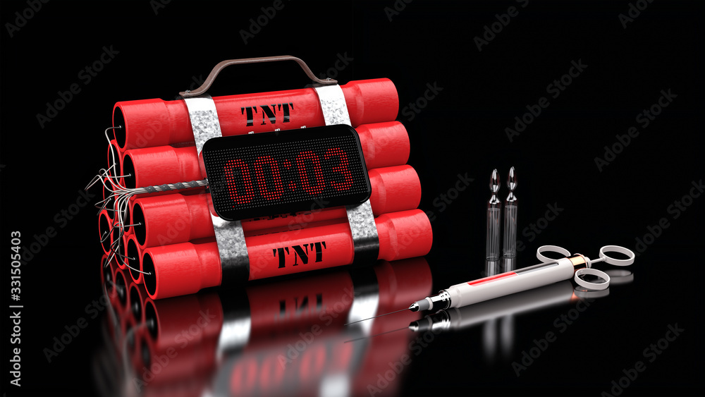 3D illustration. Dynamite time bomb with a digital countdown timer ...
