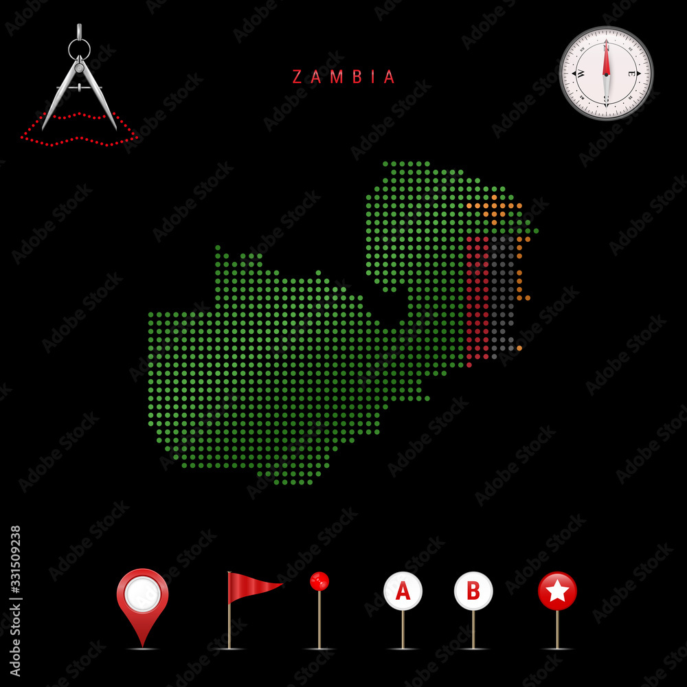 Dotted vector map of Zambia painted in the national flag colors. Waving ...