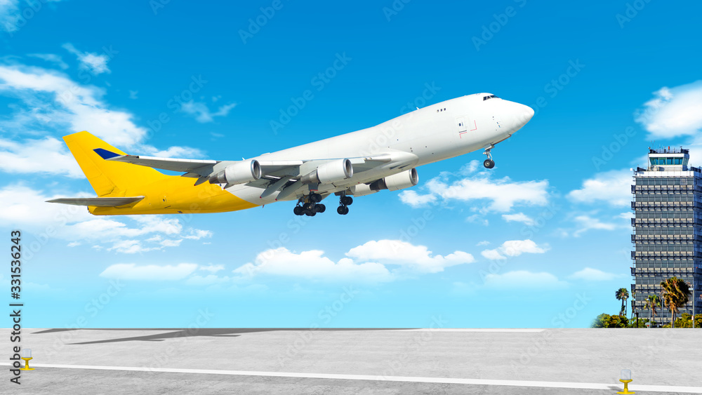 modern cargo airplane flying off airport runway wide panorama landscape ...