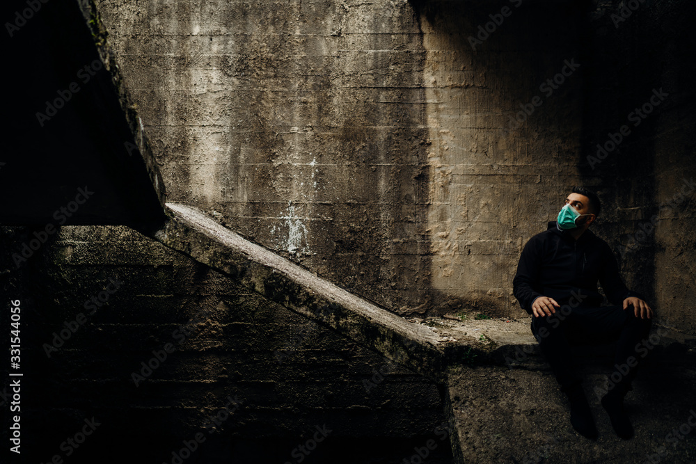 Scared sick person in isolatory concept.Abandoned patient suffering ...