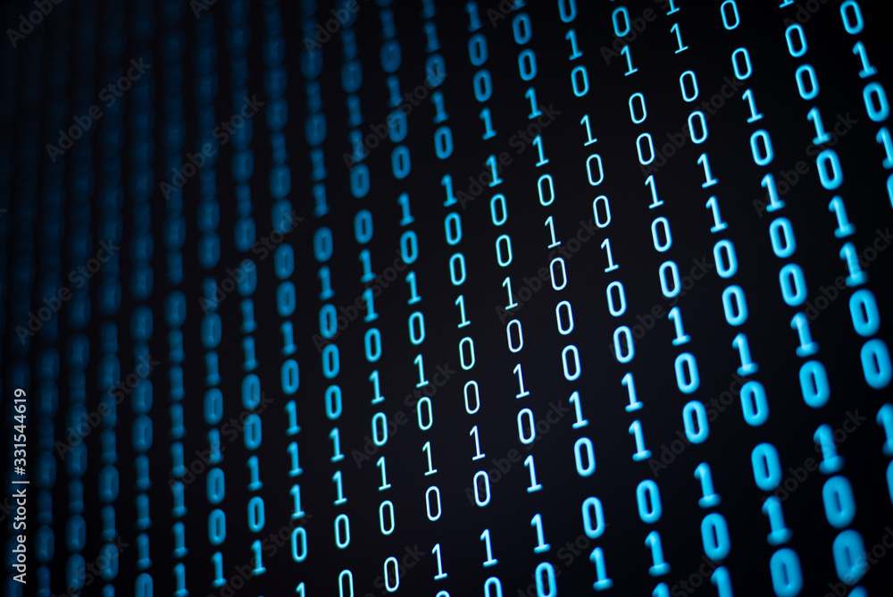 Blue ones and zeros in rows on computer screen. Data, information Stock ...