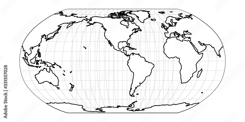 World Map in Robinson Projection with meridians and parallels grid ...