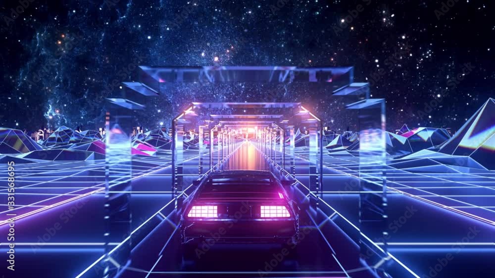 Rear view of a car driving on a road through the desert towards the ...