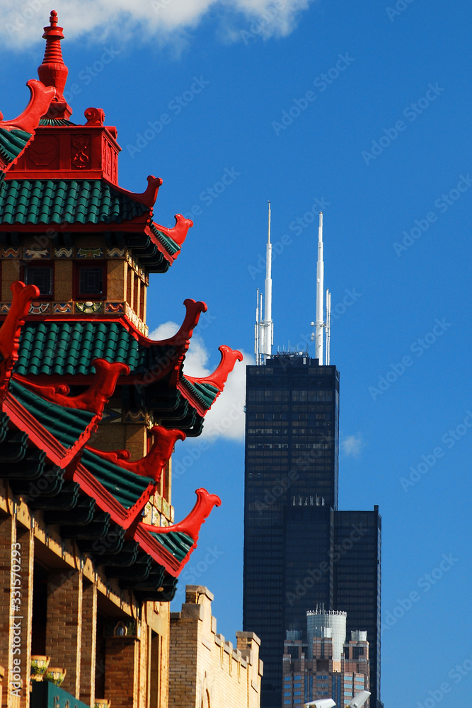 The Asian inspired buildings of Chicago's Chinatown shares the sky with ...