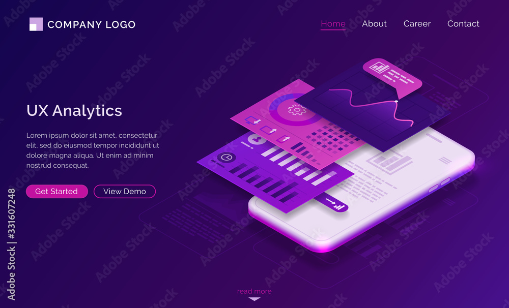 Ui ux analytics isometric landing page, mobile phone dashboard graphs and data analysis layout ...