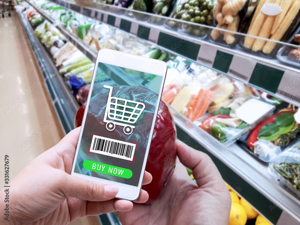 Online order grocery shopping on touch screen concept. Woman hand ...