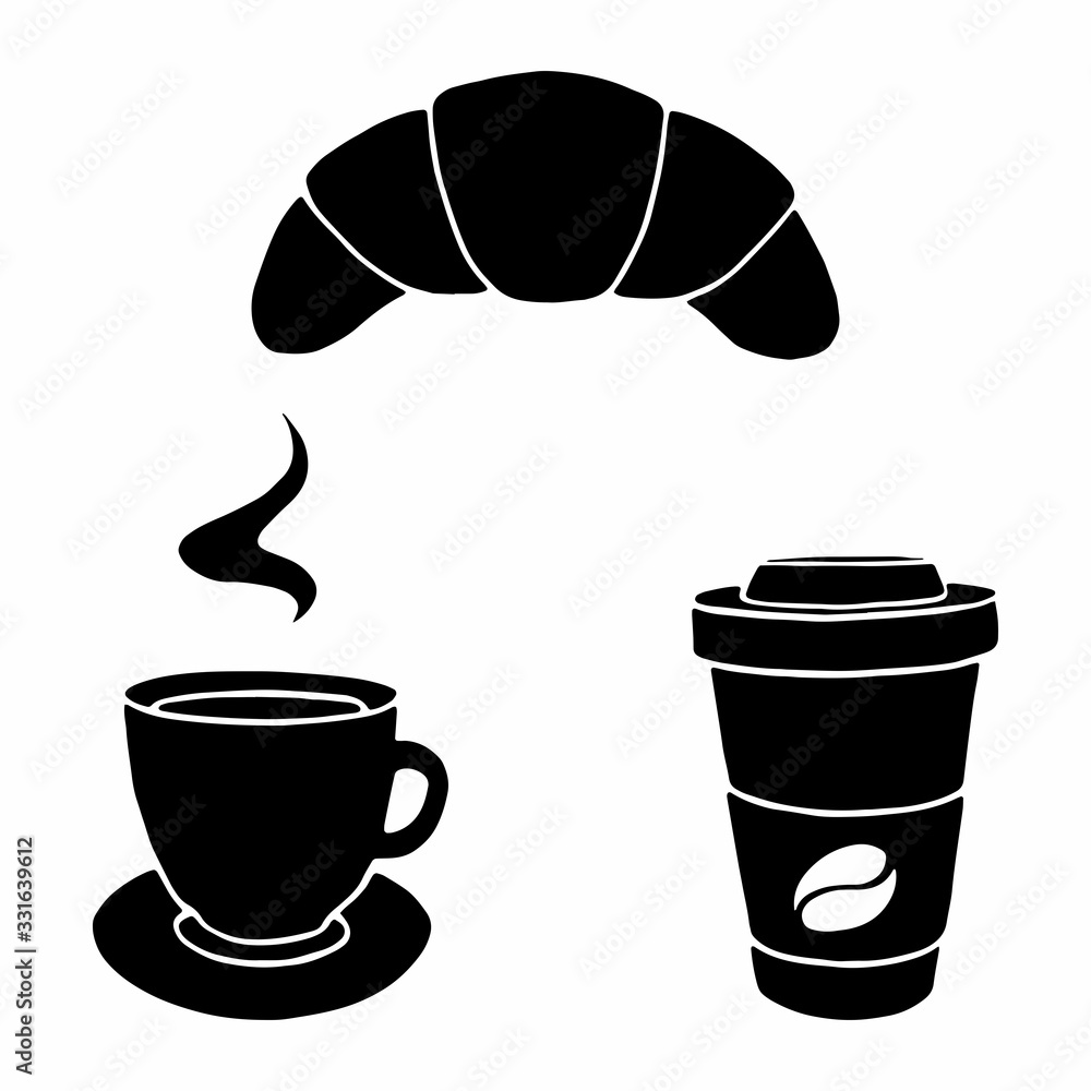 Vector bakery shop logo with a sweet croissant, coffee, and tea. Simple ...