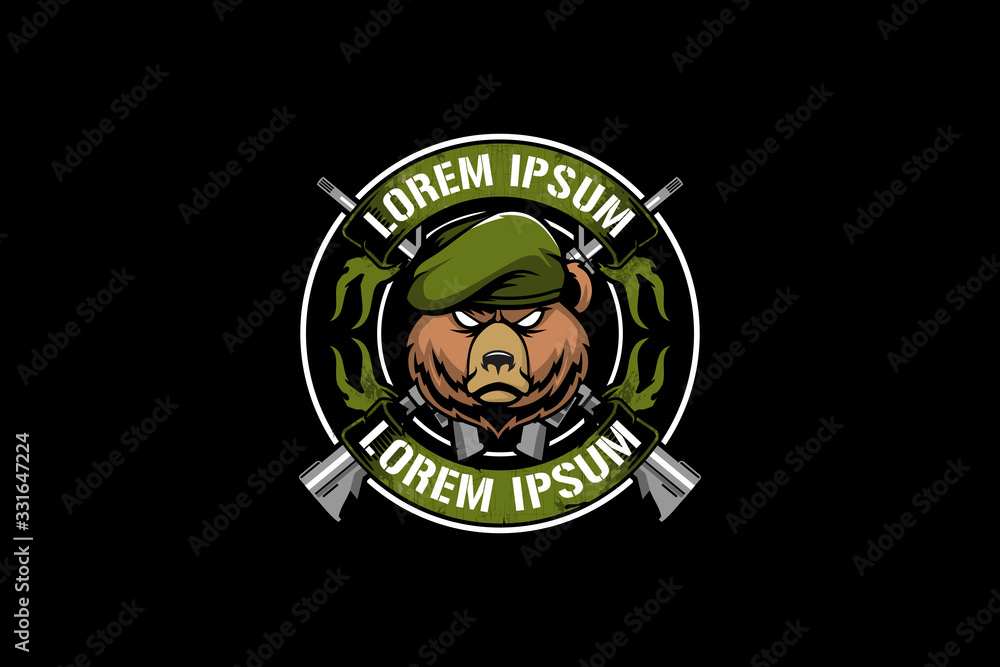 Bear army with cross rifle cartoon character vector logo template Stock ...