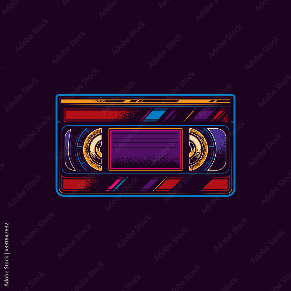 Original vector illustration in neon style. Old VHS videotape in retro ...