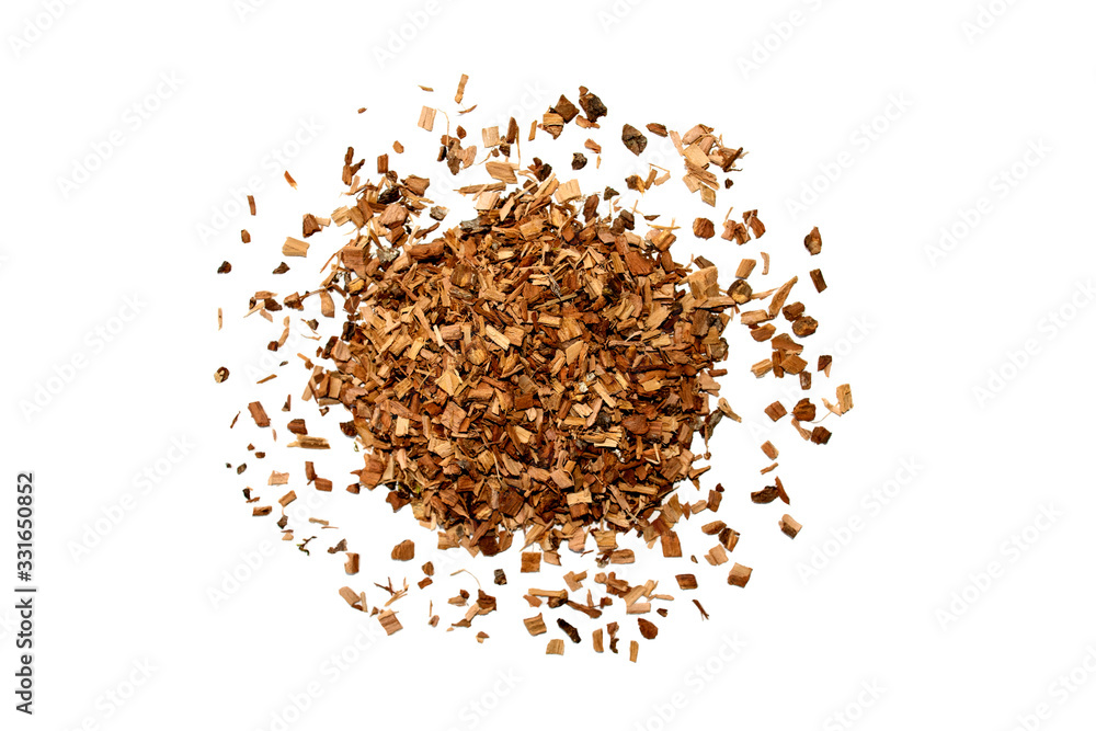 Heap of dried brown oak bark isolated on white background for medical ...