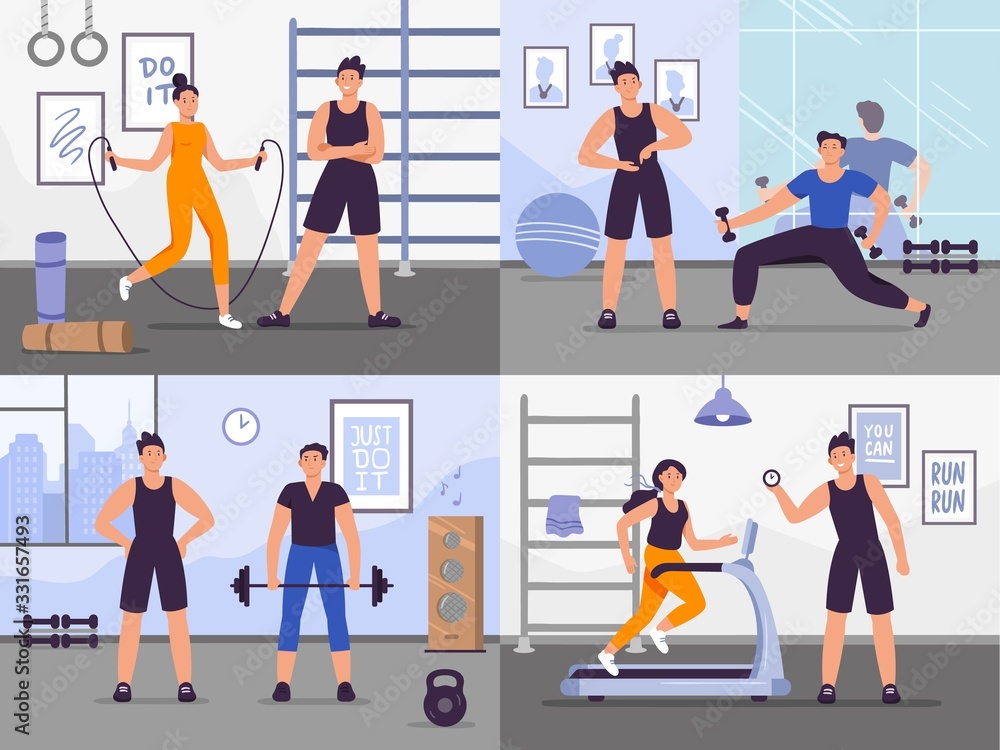 Gym coach. Vector illustration set people training. Gym coach, fitness ...