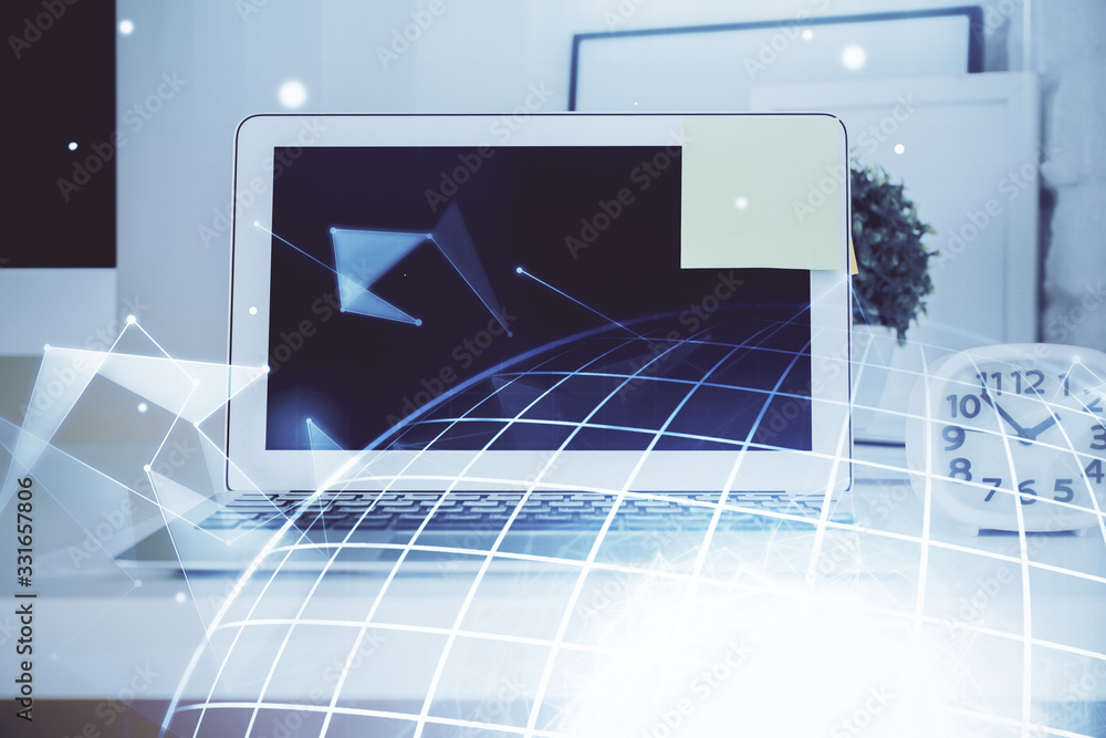 Multi exposure of table with computer and world map hologram ...