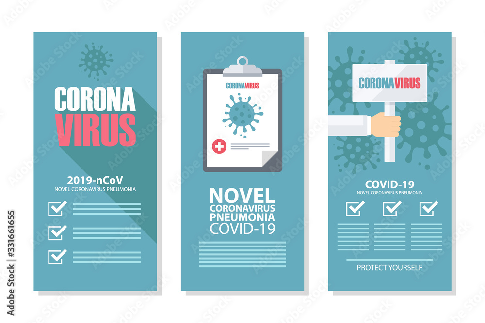 Coronavirus COVID-19 flyer templates set. 2019-nCoV deadly type of ...